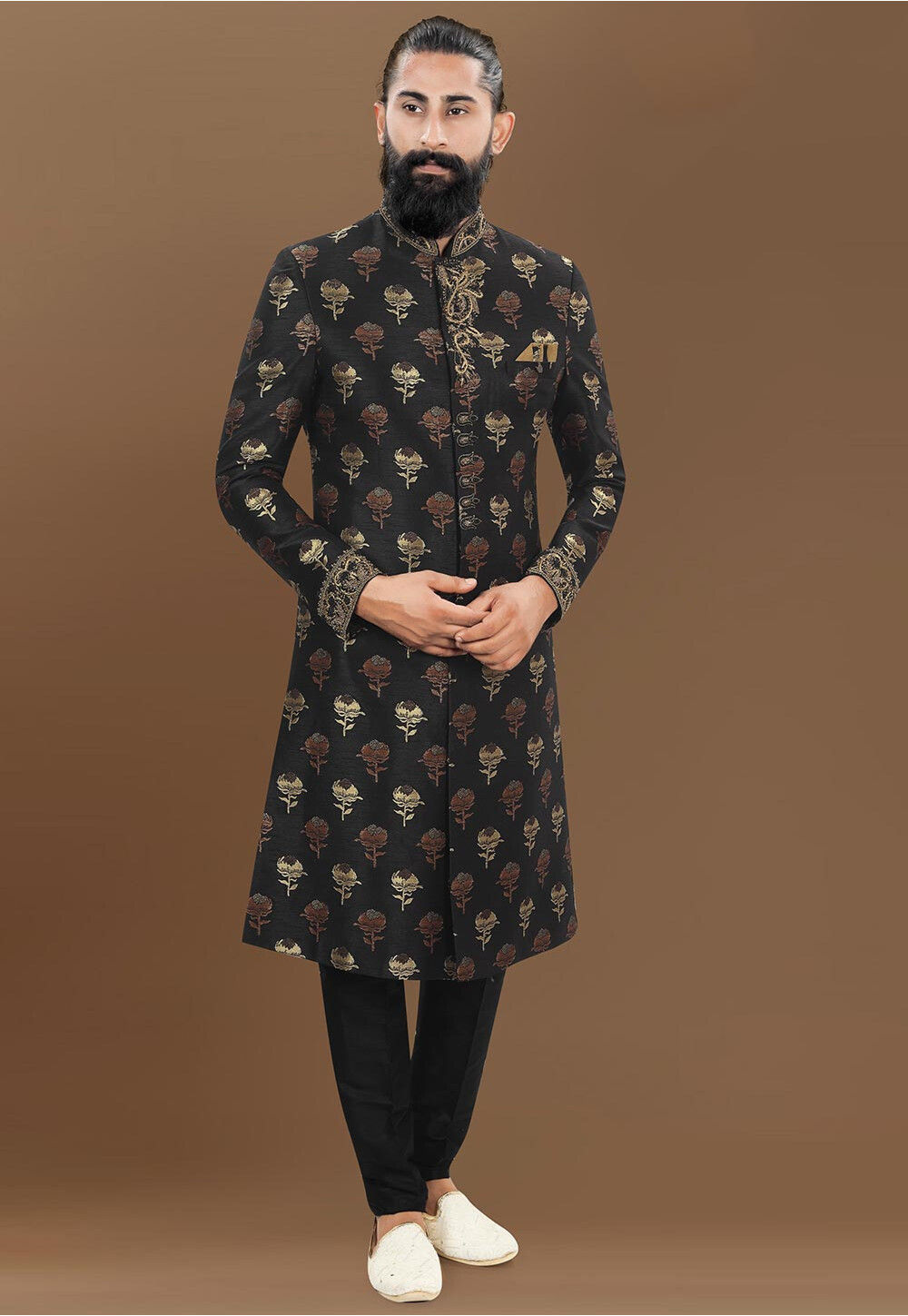 Buy Woven Brocade Silk Sherwani in Black Online : MHG3265 - Utsav Fashion