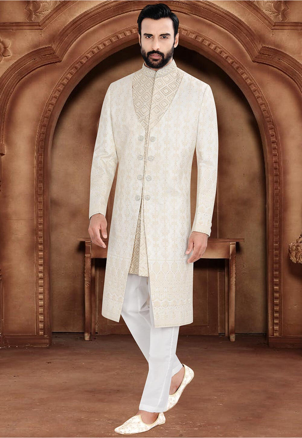 Buy Woven Brocade Silk Sherwani in Cream Online : MHG3381 - Utsav Fashion