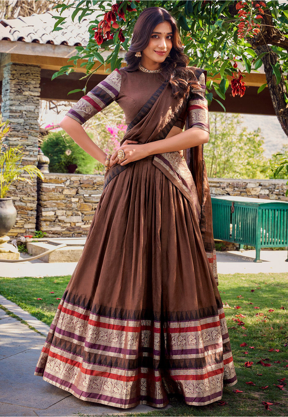 Buy Woven Chanderi Silk Lehenga in Brown Online : LBC2349 - Utsav Fashion
