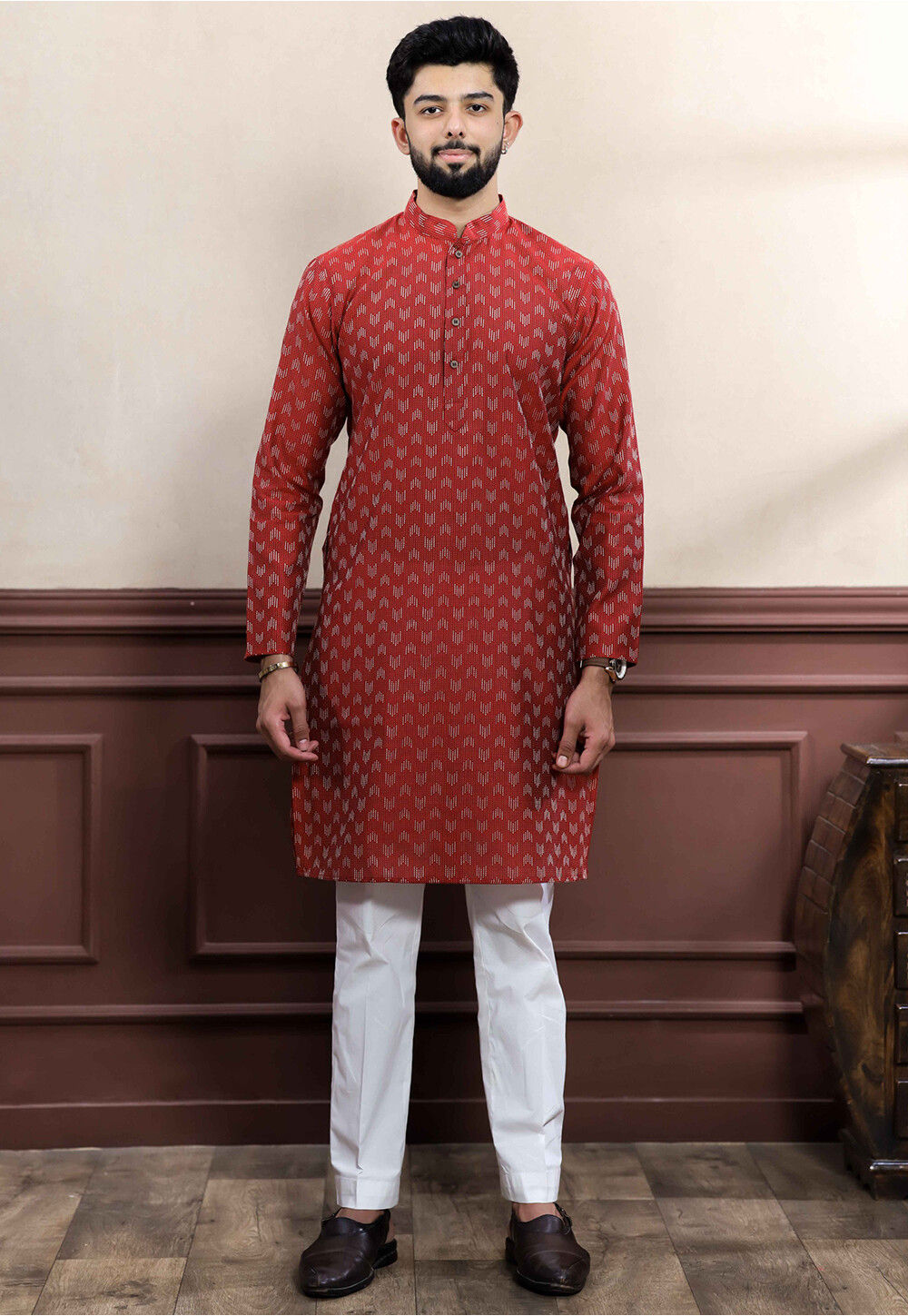Buy Woven Cotton Kurta Set in Maroon Online : MAT960 - Utsav Fashion