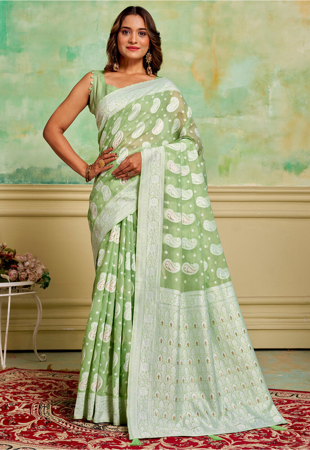 Buy Woven Cotton Saree in Light Green Online : SPF13293 - Utsav Fashion