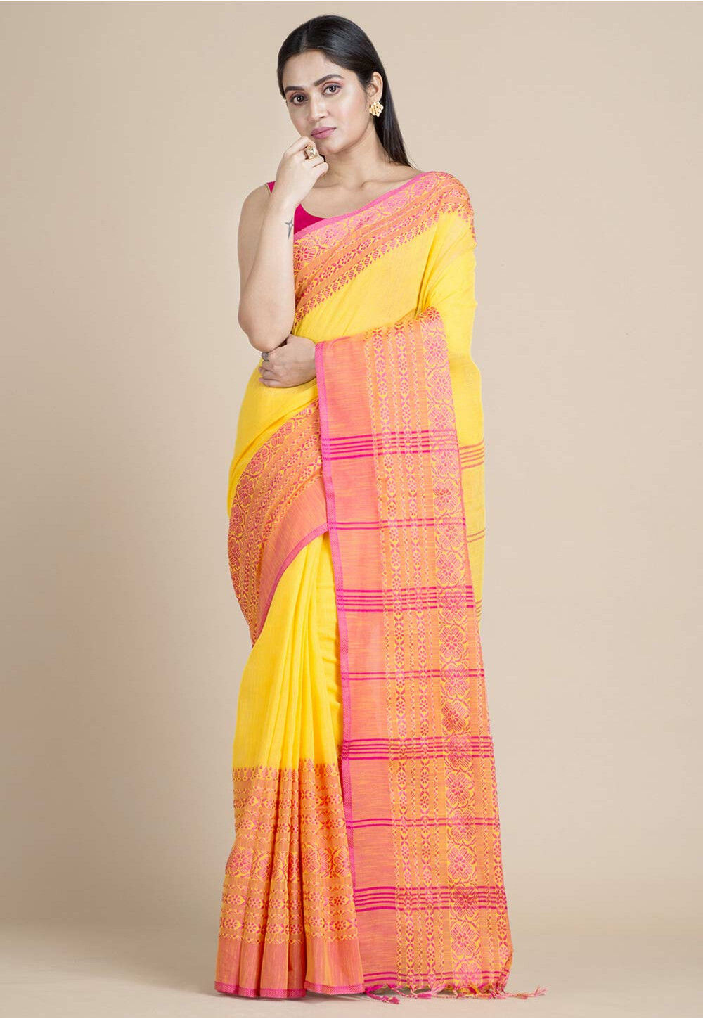 Buy Woven Cotton Saree in Yellow Online : SPN6202 - Utsav Fashion