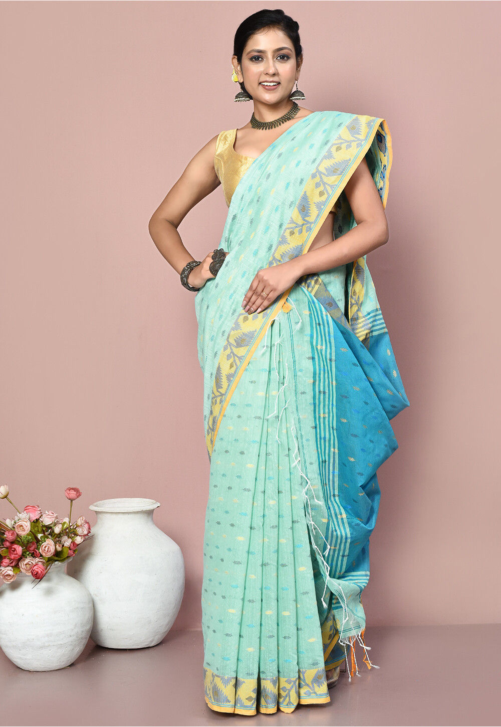 Woven Cotton Silk Bengal Saree in Sea Green : SRGA1823