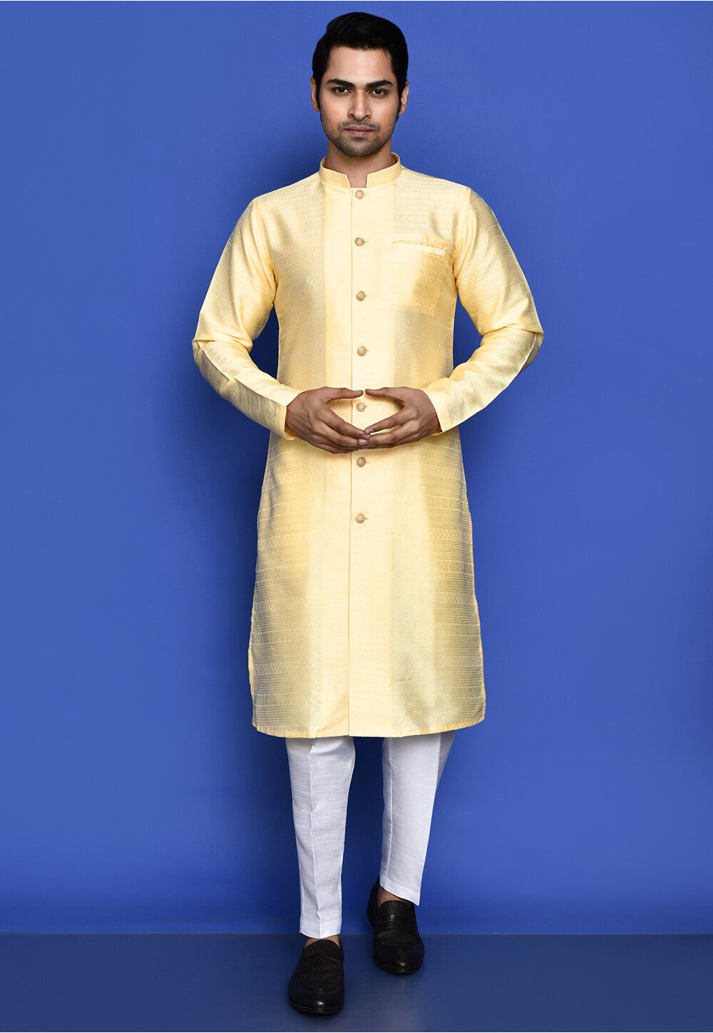 Buy Woven Cotton Silk Front Open Kurta Set in Beige Online : MTX3427 ...