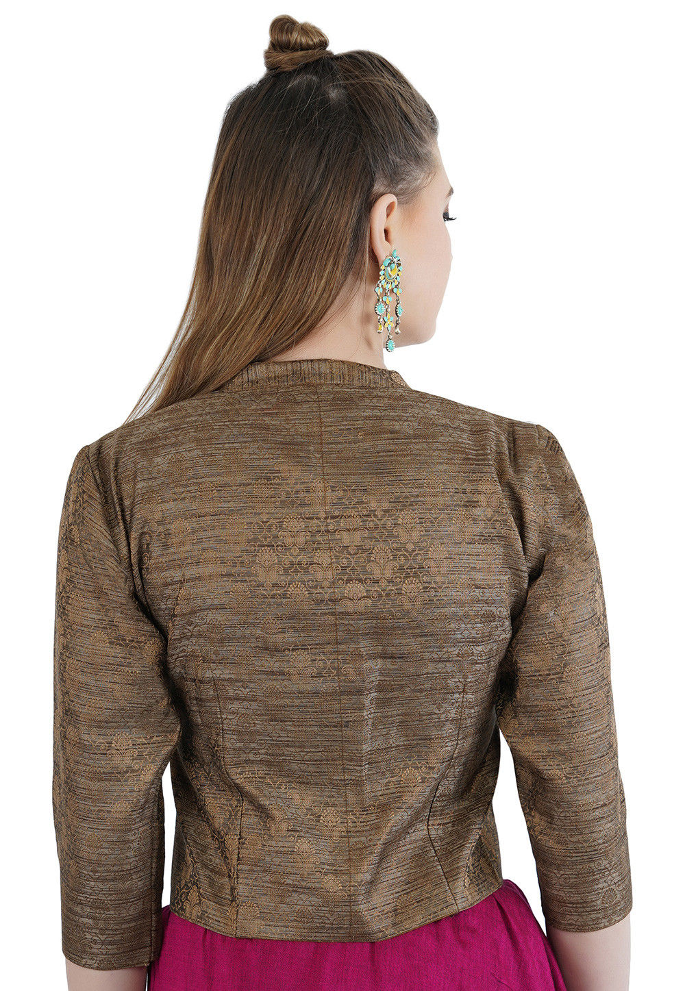 Buy Woven Cotton Silk Jacquard Jacket Style Blouse in Brown Online ...