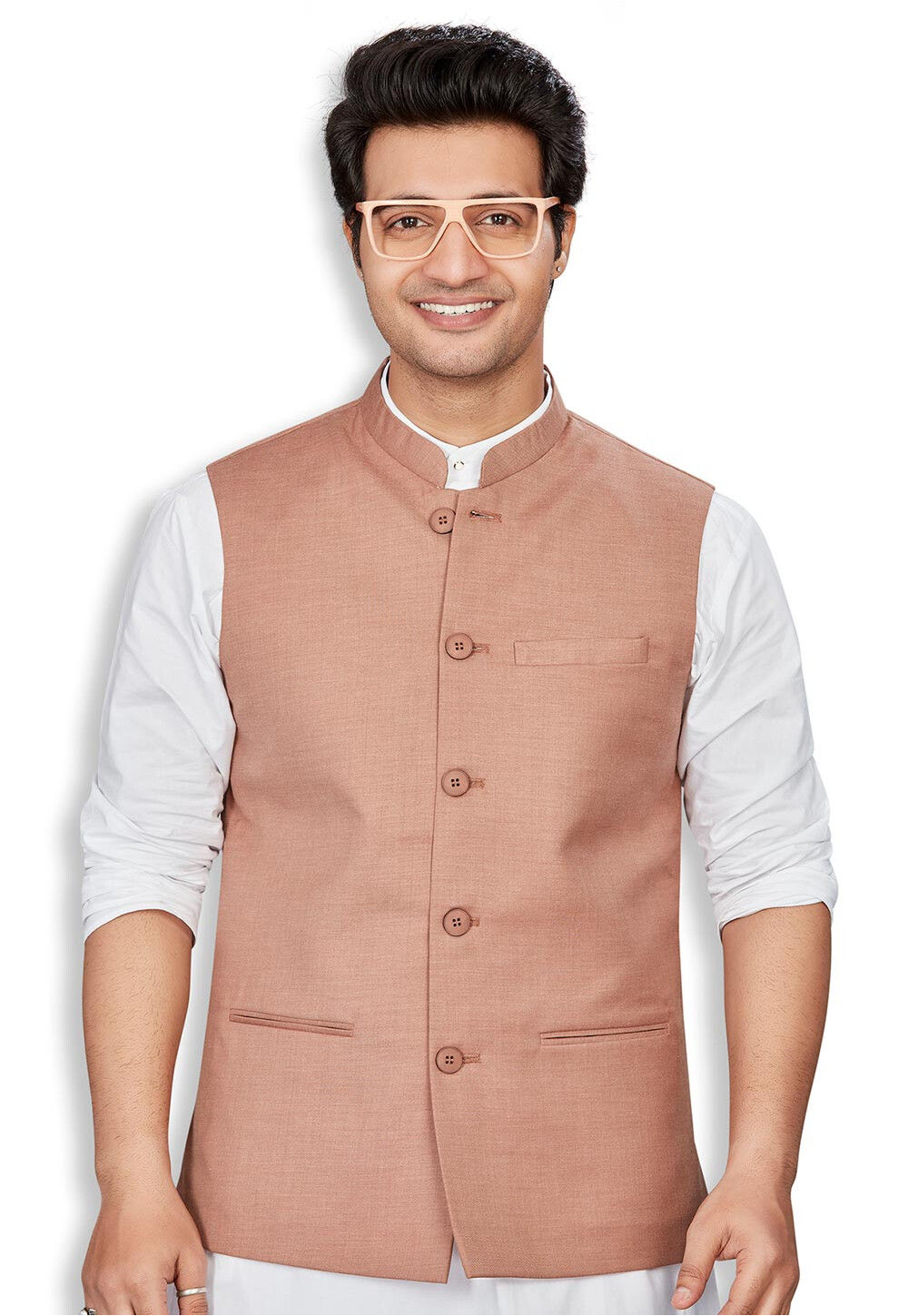Buy Woven Cotton Silk Jacquard Nehru Jacket in Peach Online : MSY206 ...
