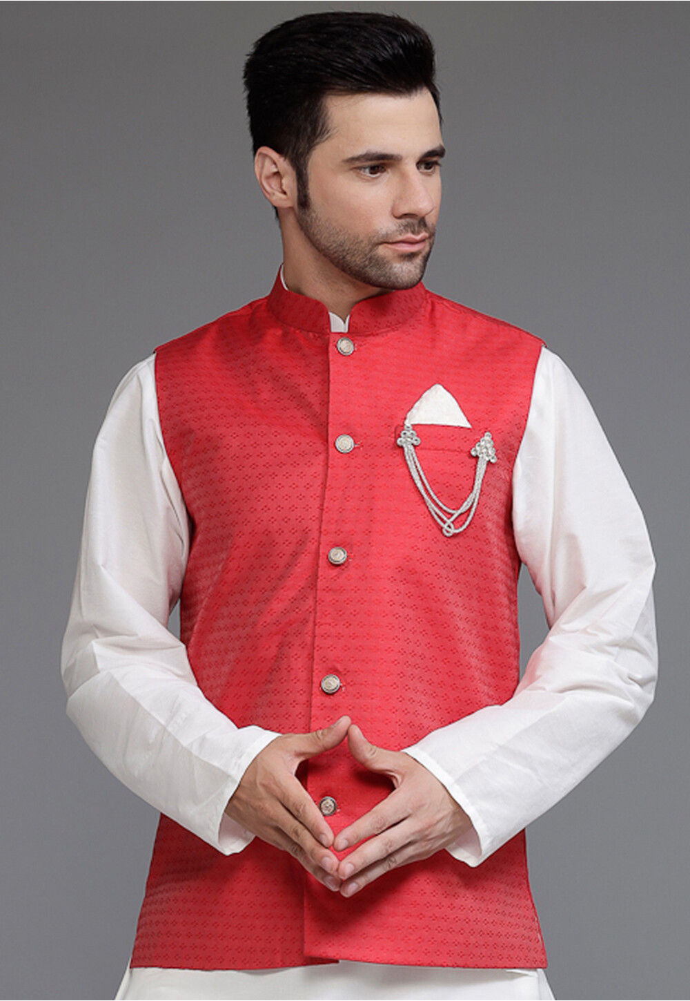 Buy Woven Cotton Silk Jacquard Nehru Jacket in Red Online : MXX366 ...
