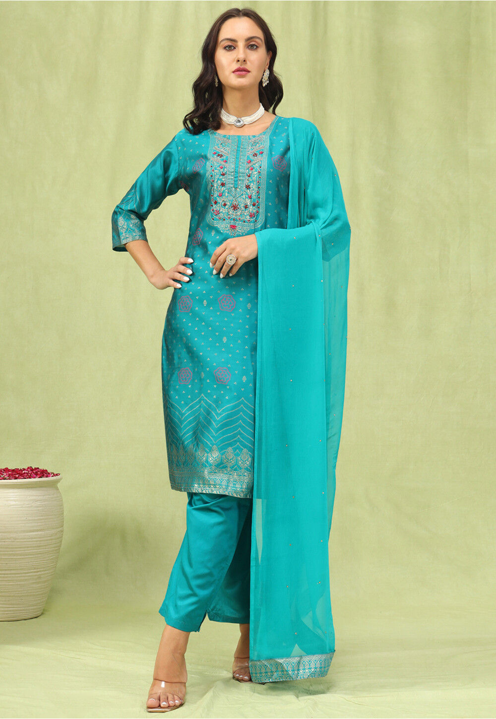 Buy Woven Cotton Silk Jacquard Pakistani Suit in Turquoise Online ...