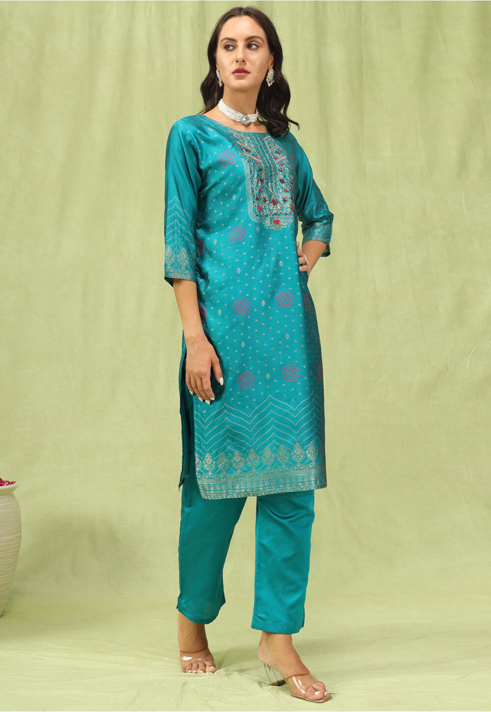 Buy Woven Cotton Silk Jacquard Pakistani Suit in Turquoise Online ...