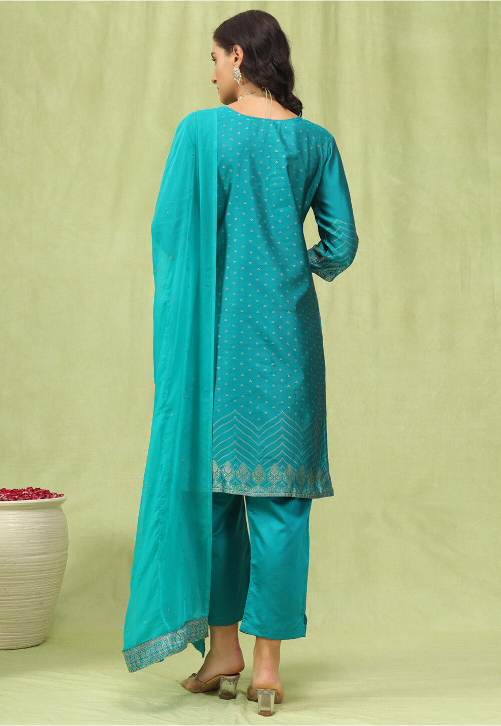 Buy Woven Cotton Silk Jacquard Pakistani Suit in Turquoise Online ...