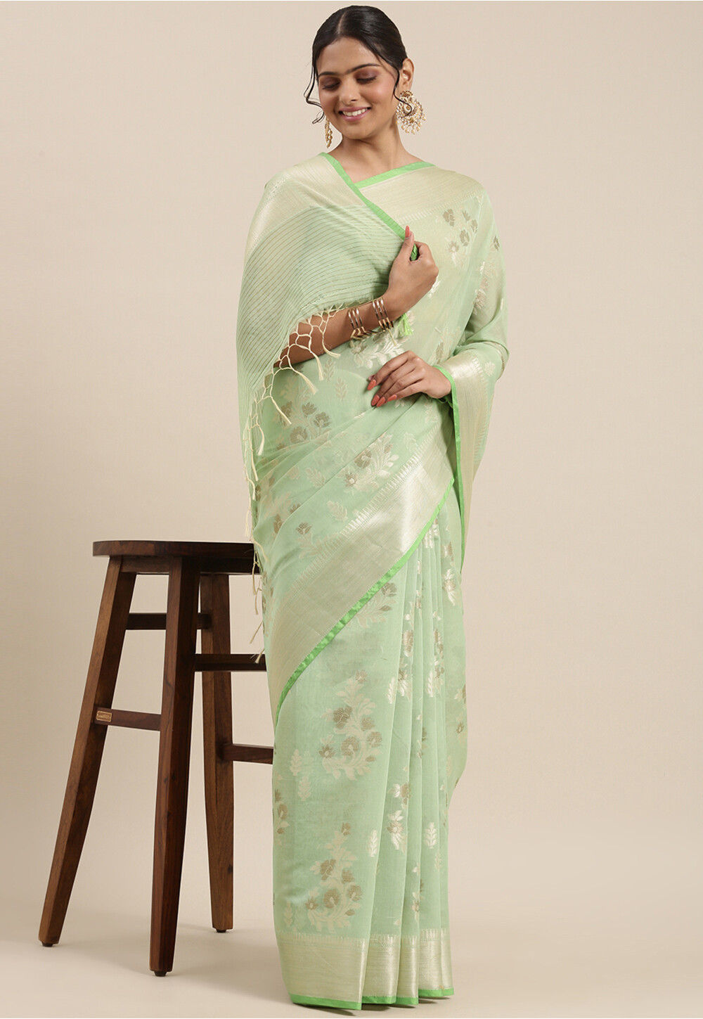 Woven Cotton Silk Saree in Light Green - Saree
