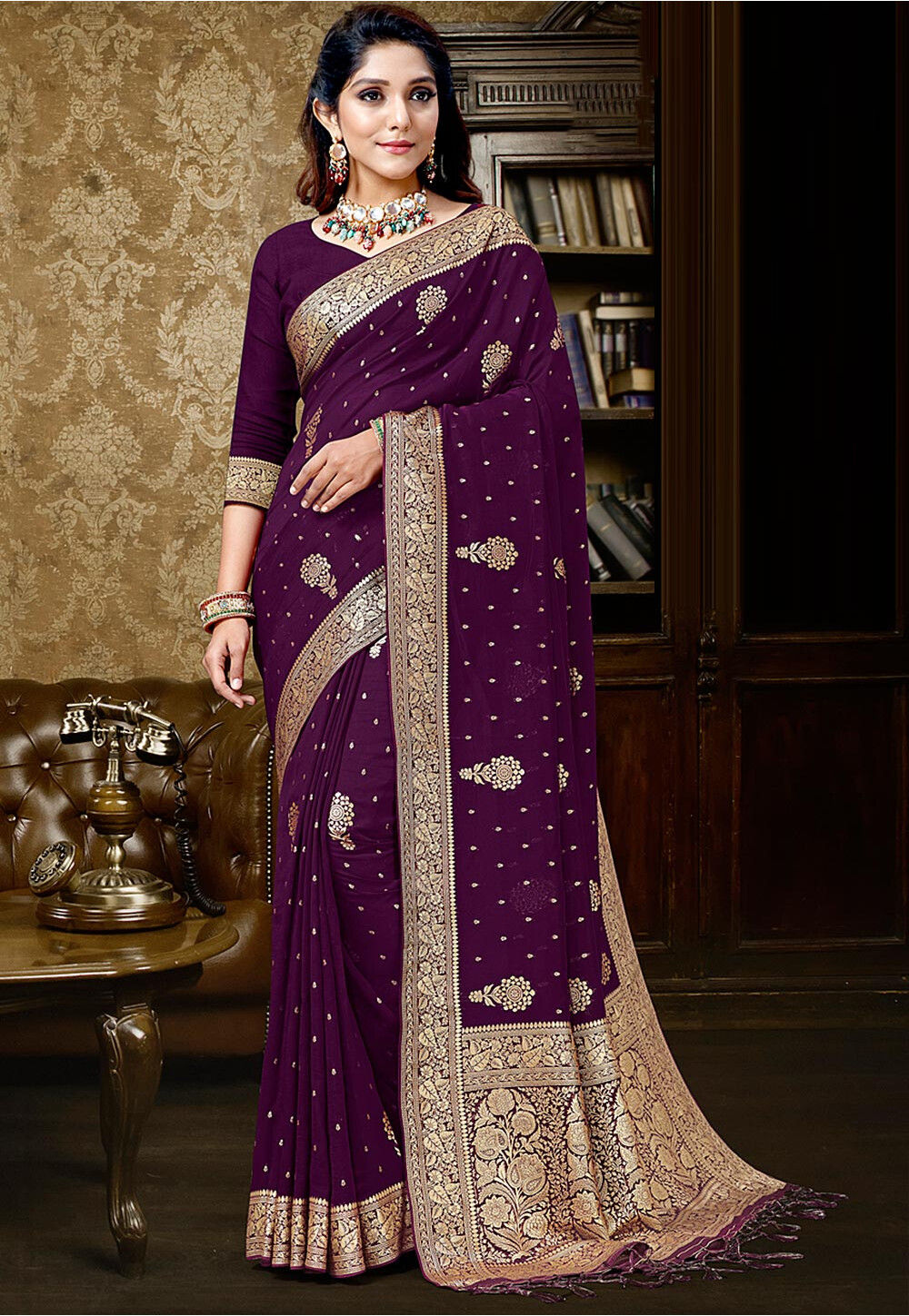 Buy Woven Cotton Silk Saree in Violet Online : SEW12783 - Utsav Fashion