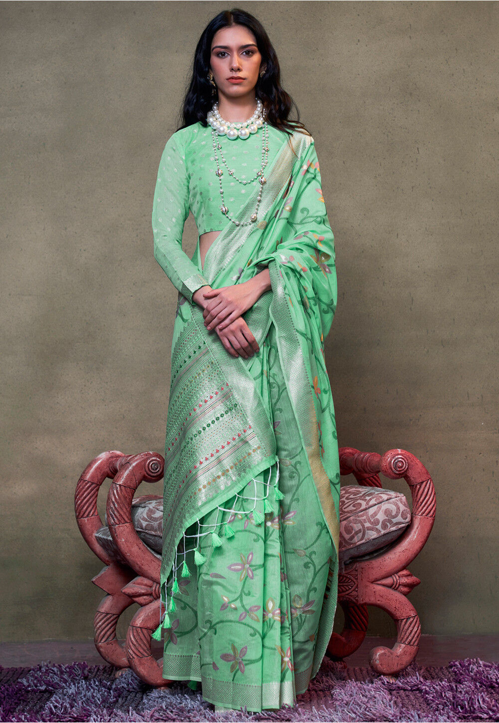 Buy Woven Cotton Silk Sari in Green Online : SQN601 - Utsav Fashion