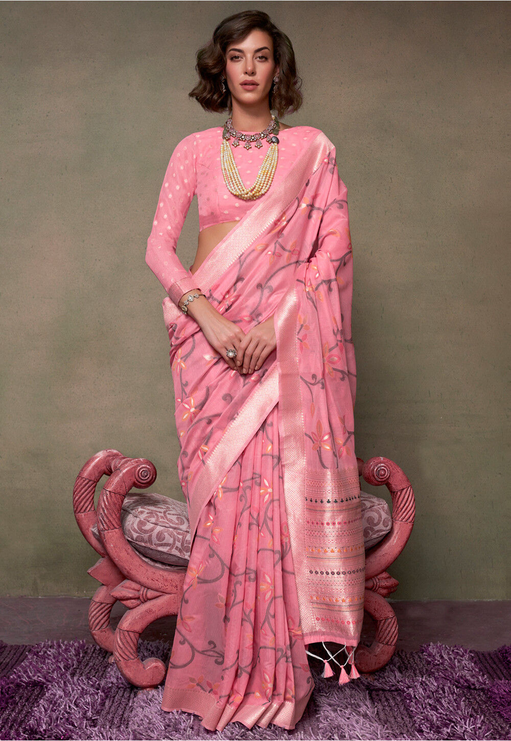 Buy Woven Cotton Silk Sari in Pink Online : SQN596 - Utsav Fashion