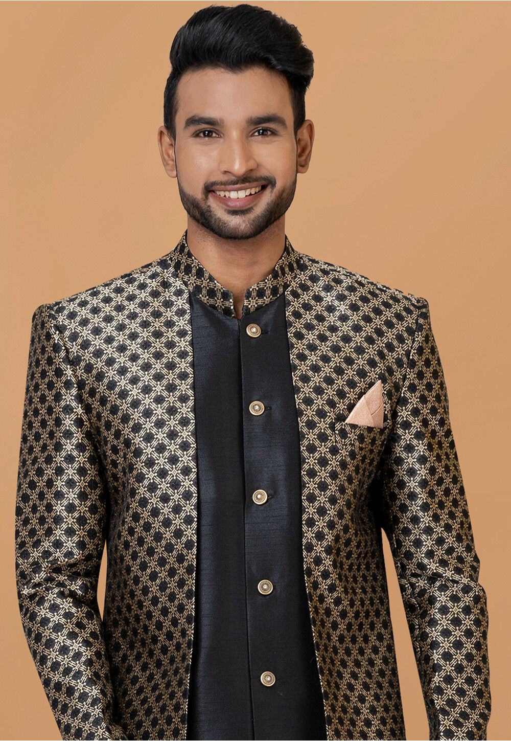 Buy Woven Dupion Silk Jacket Style Sherwani in Black Online : MDW1053 ...