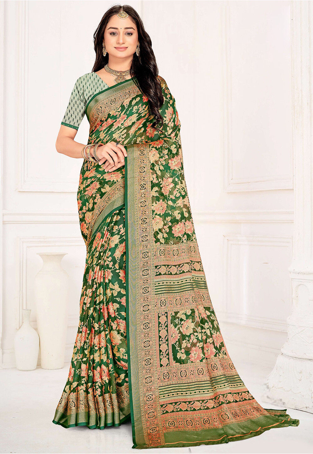 Buy Woven Georgette Brasso Saree in Green Online : SEW16174 - Utsav Fashion