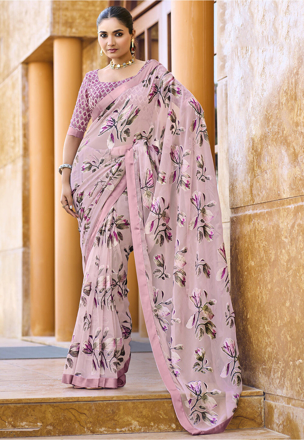 Buy Woven Georgette Brasso Saree in Light Old Rose Online : SSEA8443 ...