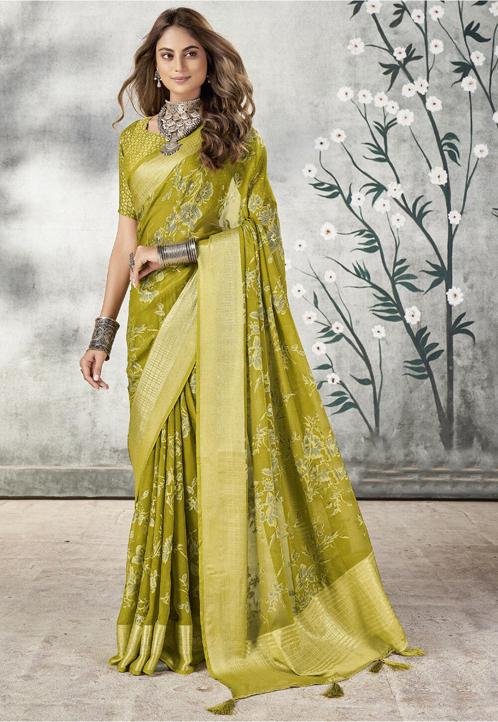 Buy Woven Georgette Brasso Saree in Olive Green Online : SEW15421 ...