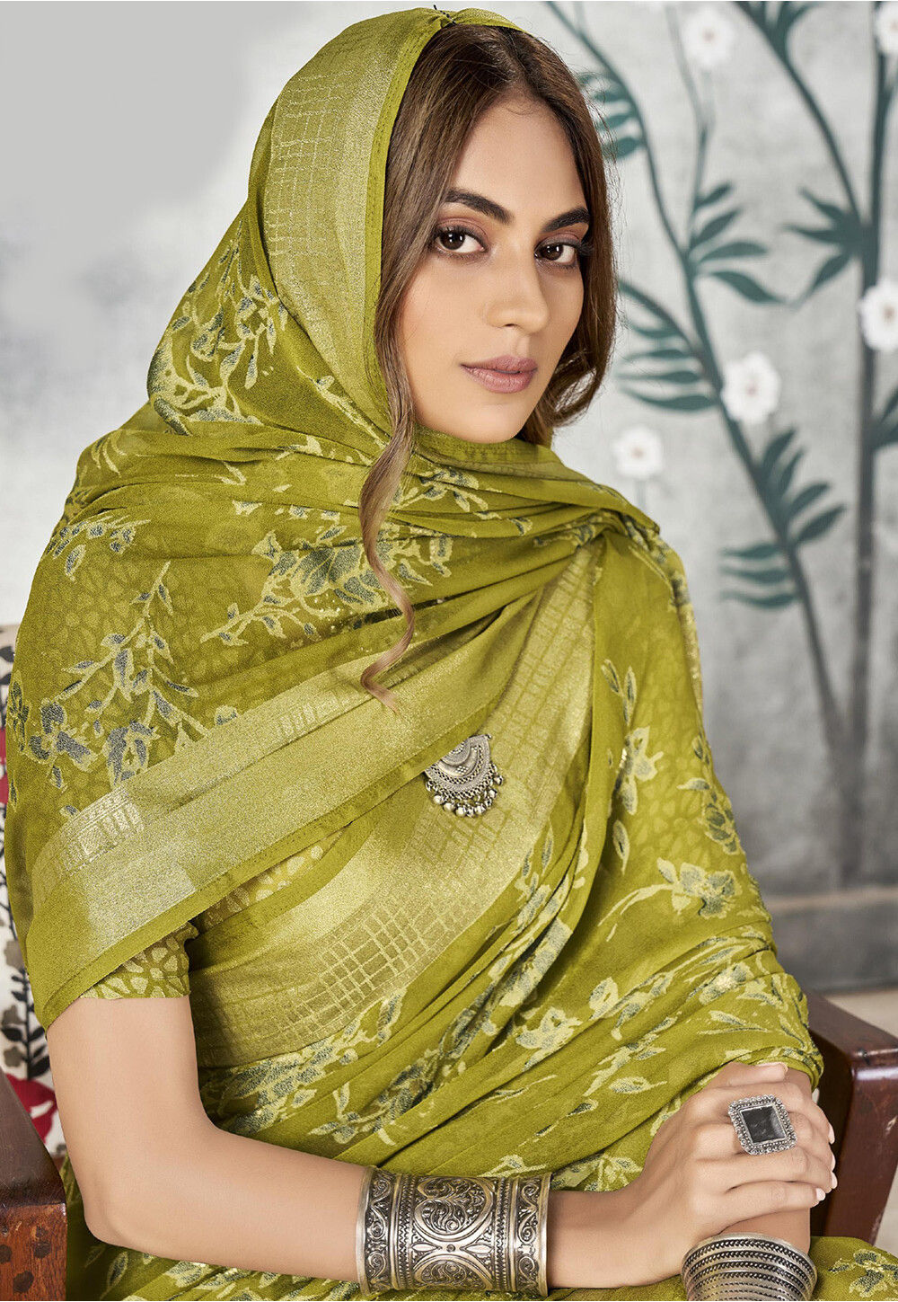 Buy Woven Georgette Brasso Saree in Olive Green Online : SEW15421 ...