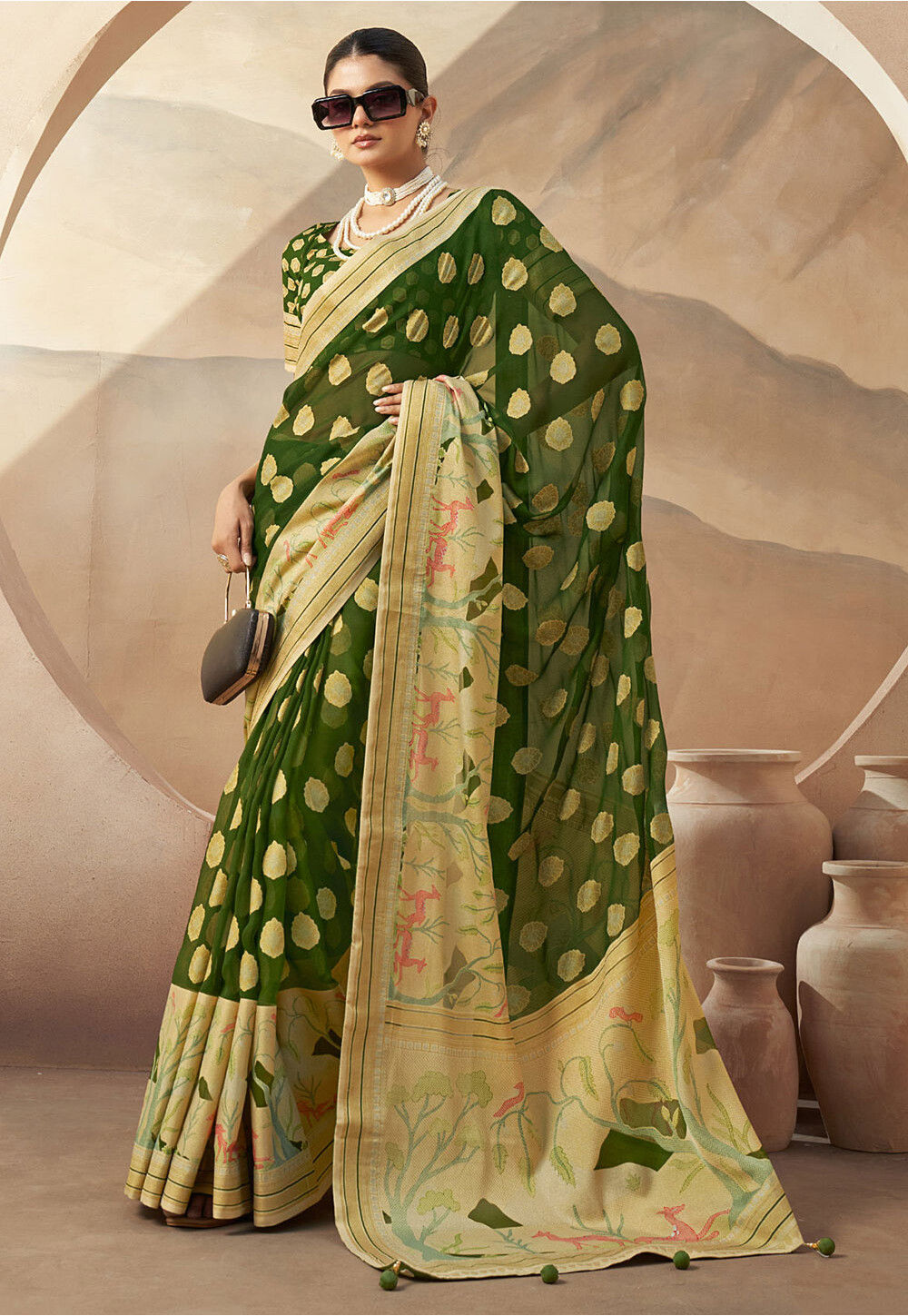 Buy Woven Georgette Brasso Saree in Olive Green Online : SSEA3914 ...