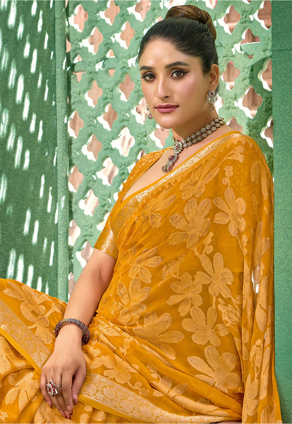 Buy Woven Georgette Brasso Saree in Yellow Online : SEJ1393 - Utsav Fashion