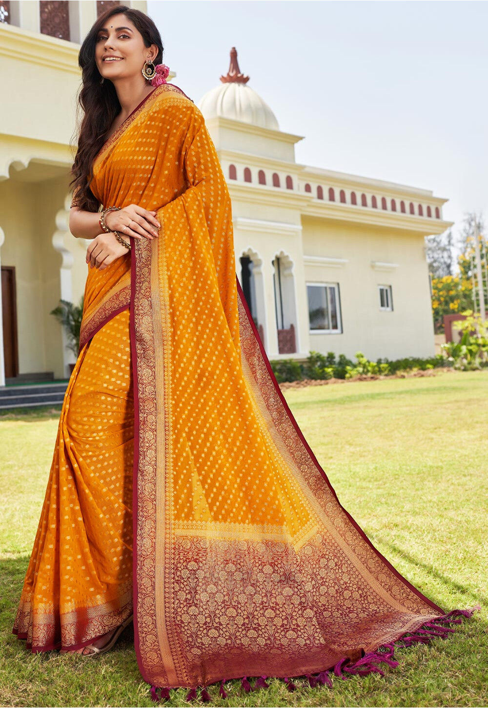 Buy Woven Georgette Saree in Mustard Online : SPF9640 - Utsav Fashion