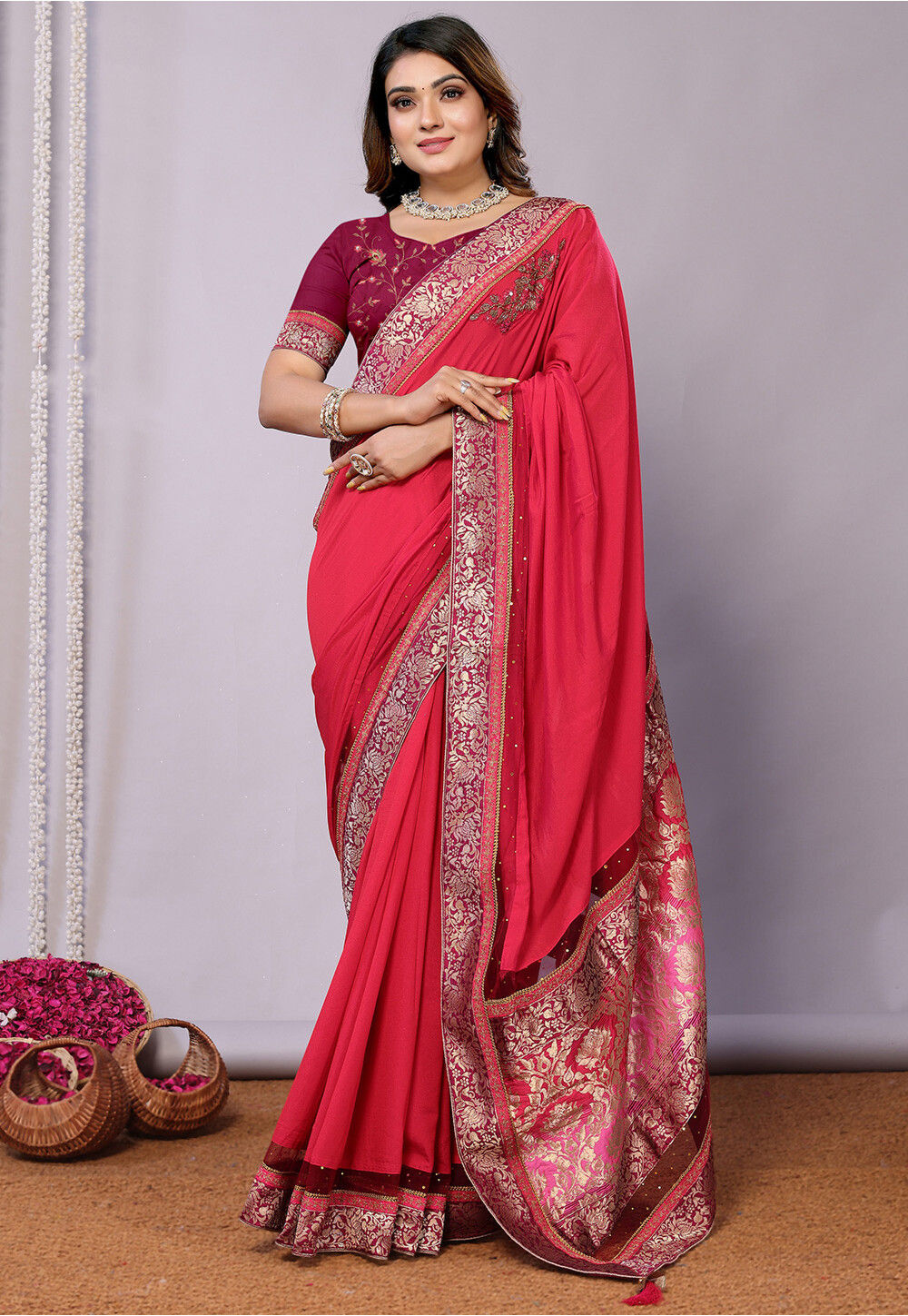 Buy Woven Georgette Silk Saree in Pink Online : SBHA3618 - Utsav Fashion