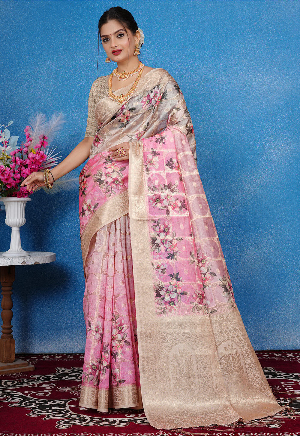 Buy Woven Georgette Silk Saree in Shaded Grey and Pink Online ...