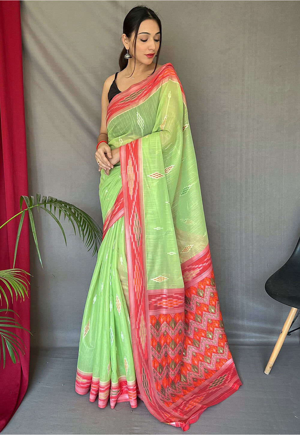 Buy Woven Linen Saree in Light Green Online : SPF8695 - Utsav Fashion