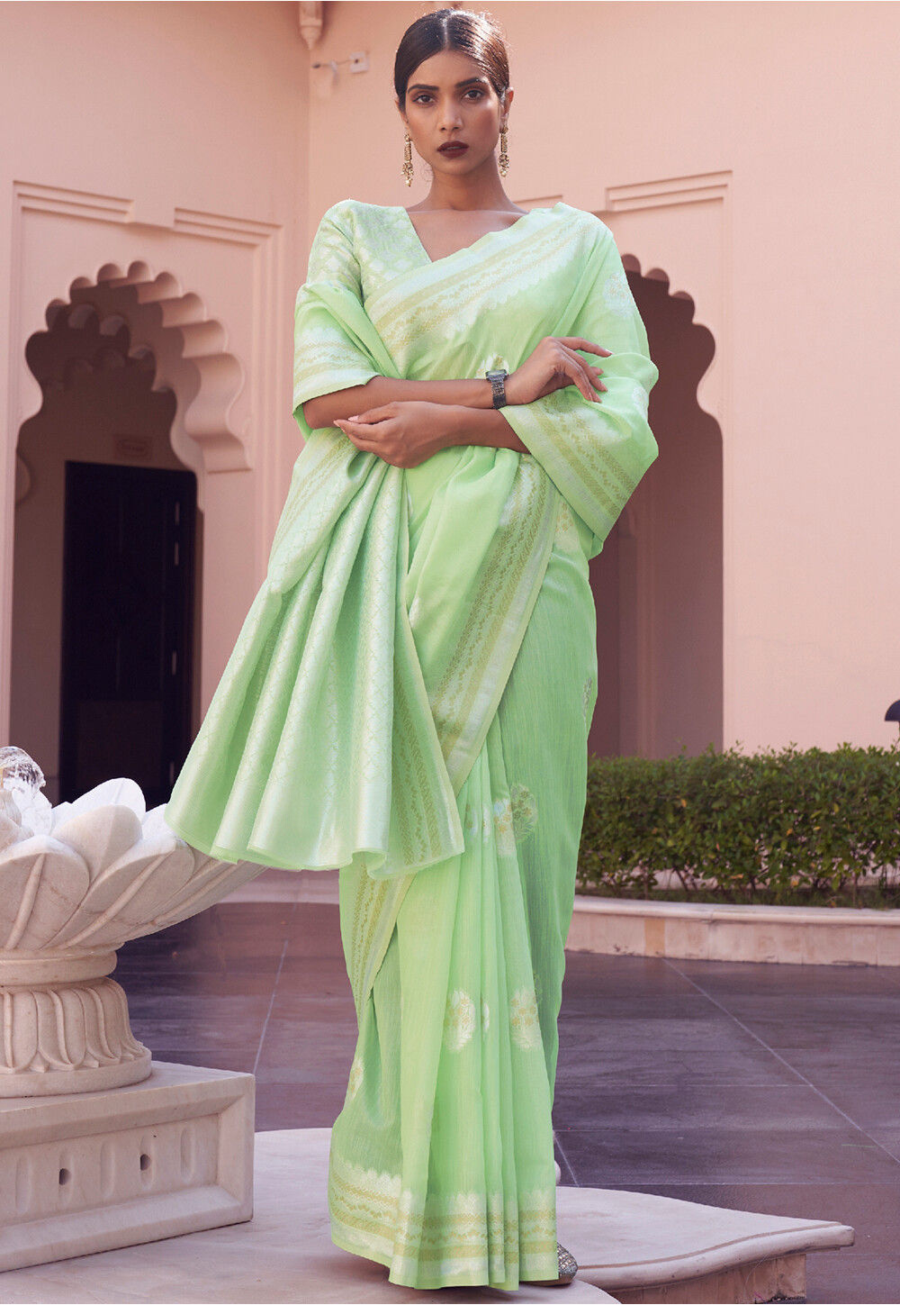 Woven Linen Saree in Light Green : SYC11159