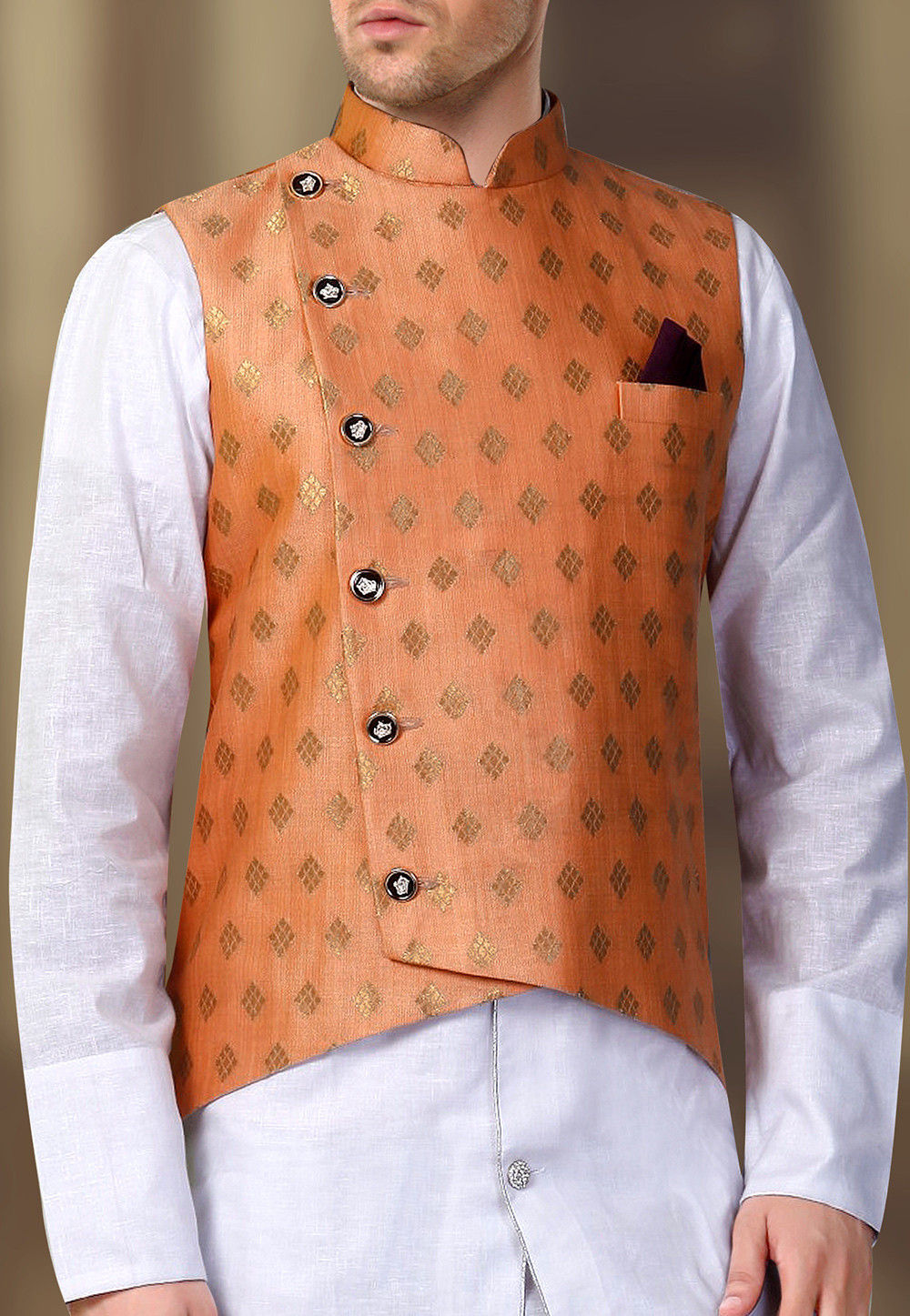 Buy Woven Linen Silk Kurta Jacket Set in Off White and Dusty Online ...