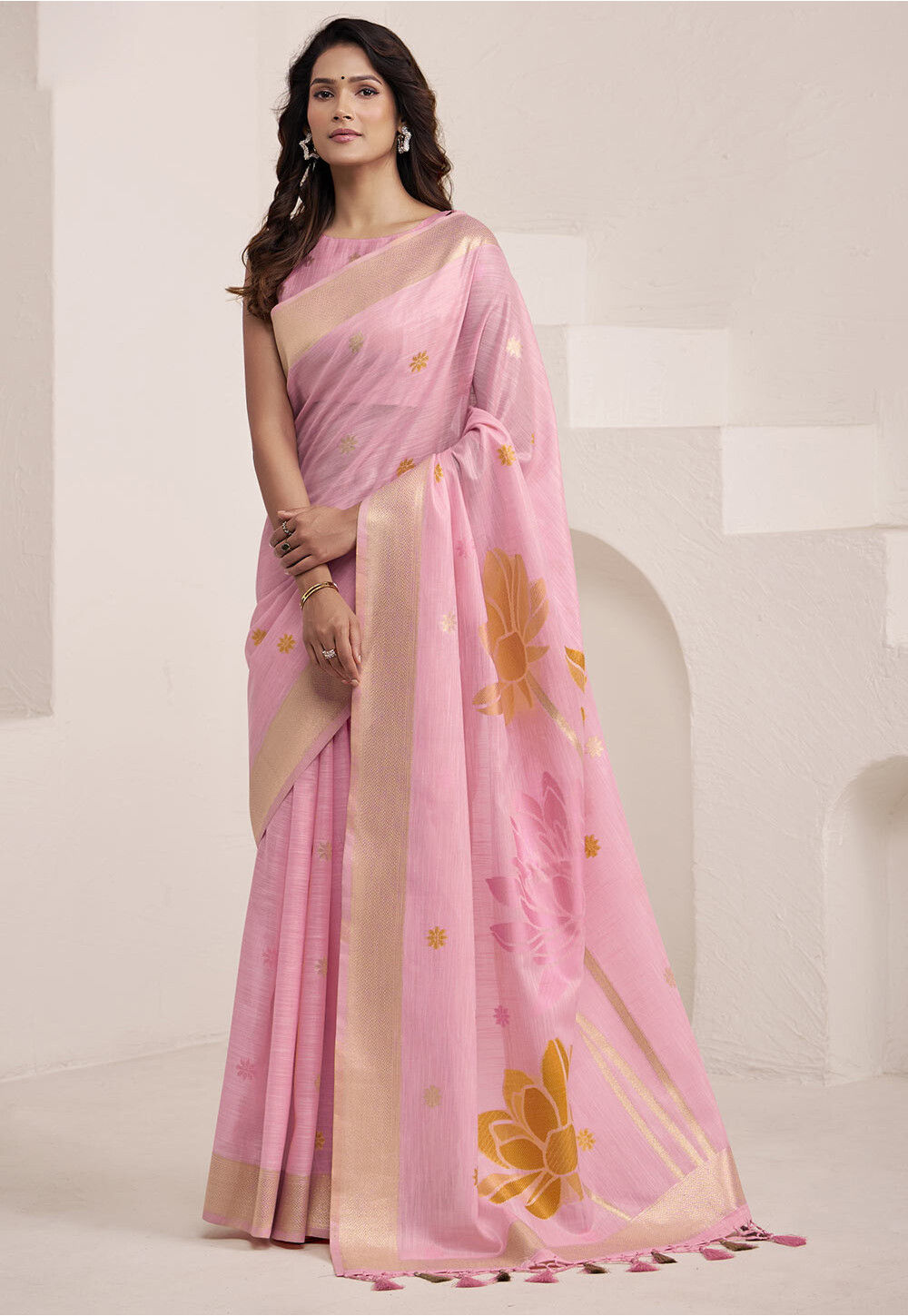 Buy Woven Linen Silk Saree in Pink Online : SSEA6742 - Utsav Fashion