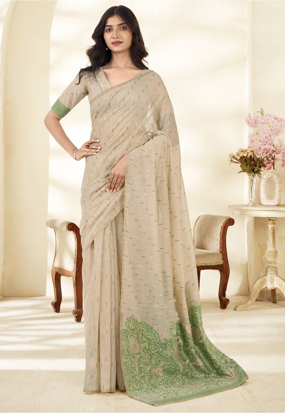 Buy Woven Modal Cotton Saree in Beige Online : SSEA10781 - Utsav Fashion