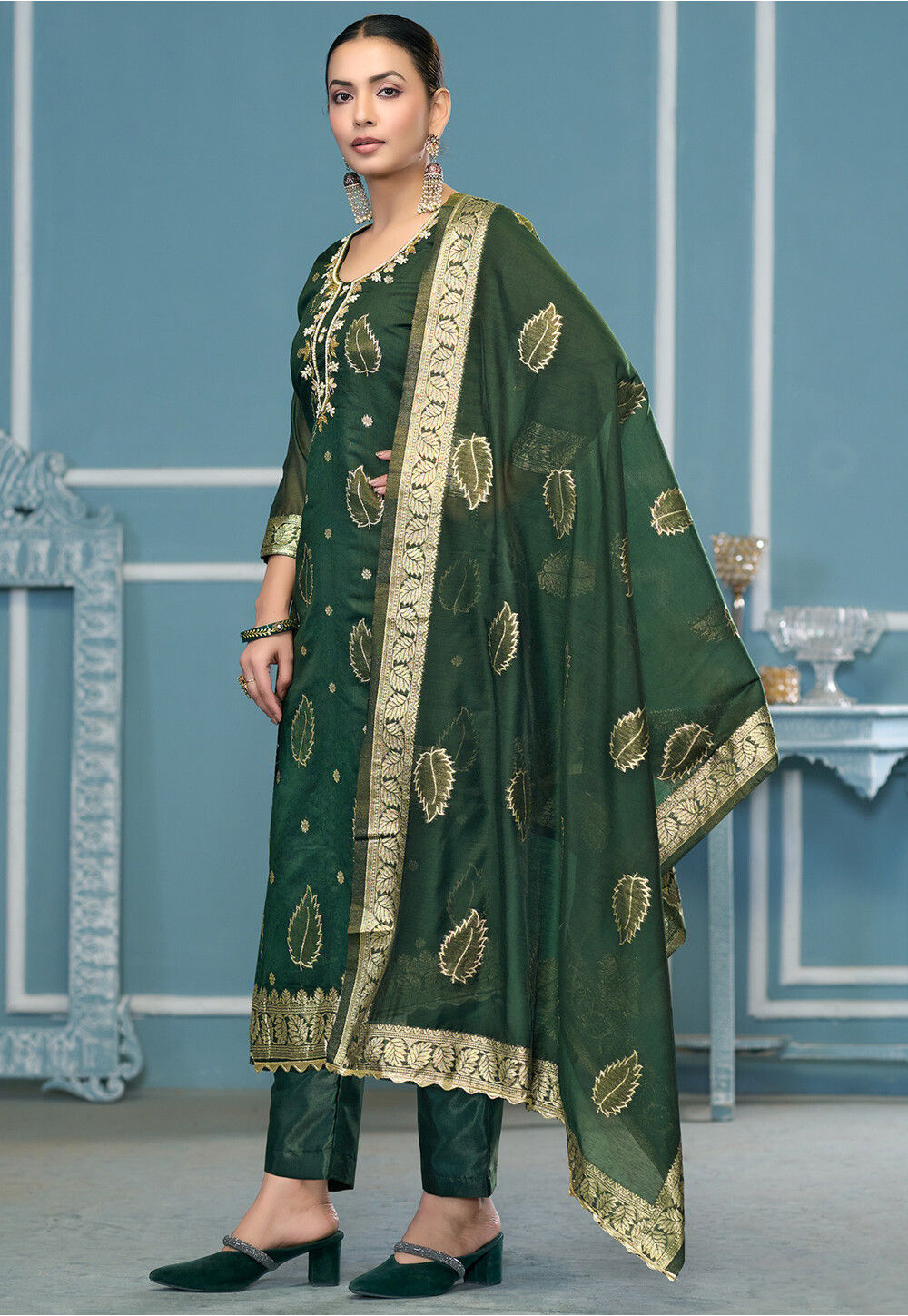 Buy Woven Modal Silk Pakistani Suit in Dark Green Online : KJC5215 ...