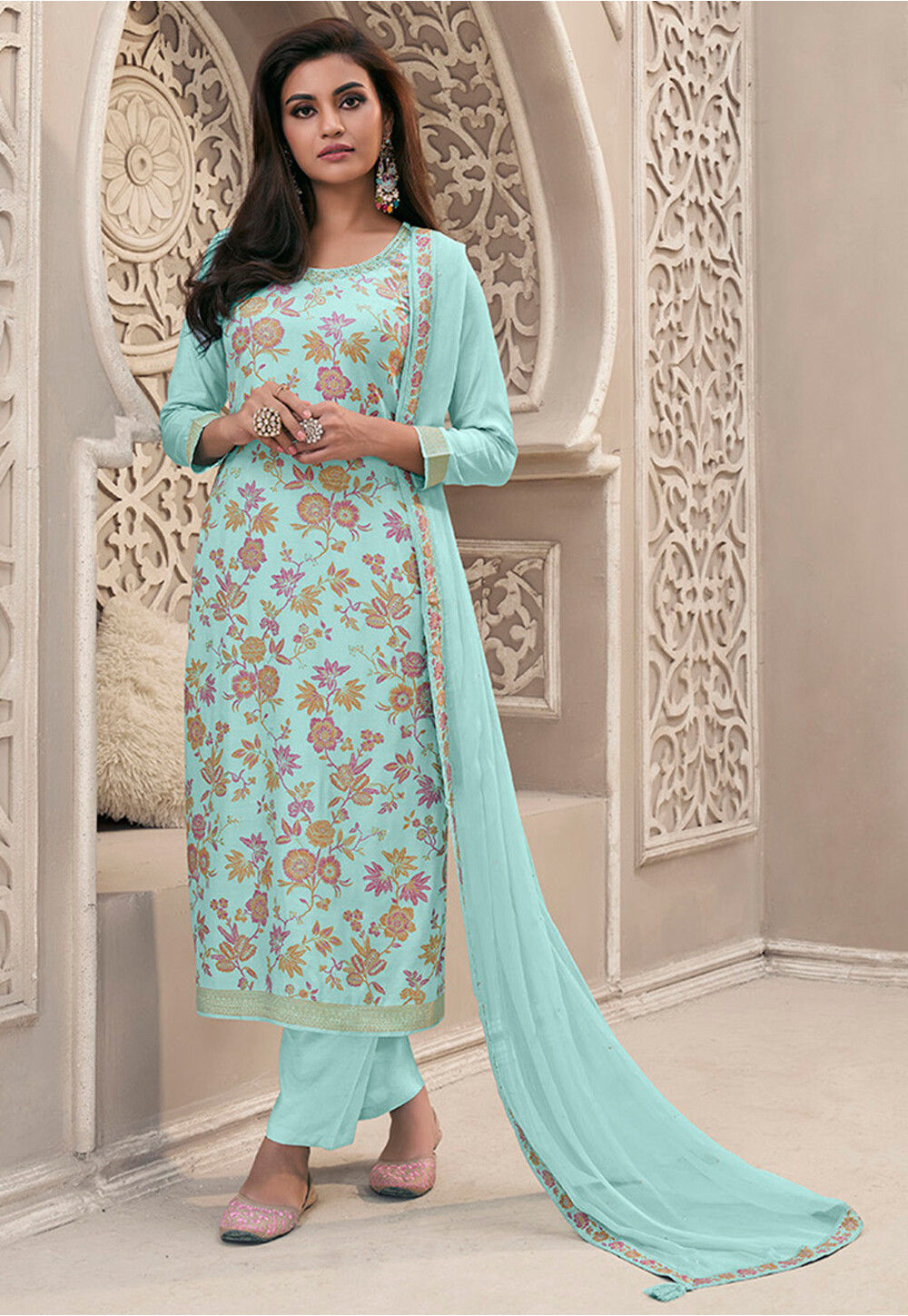 Buy Woven Muslin Cotton Pakistani Suit in Sky Blue Online : KKE207 ...