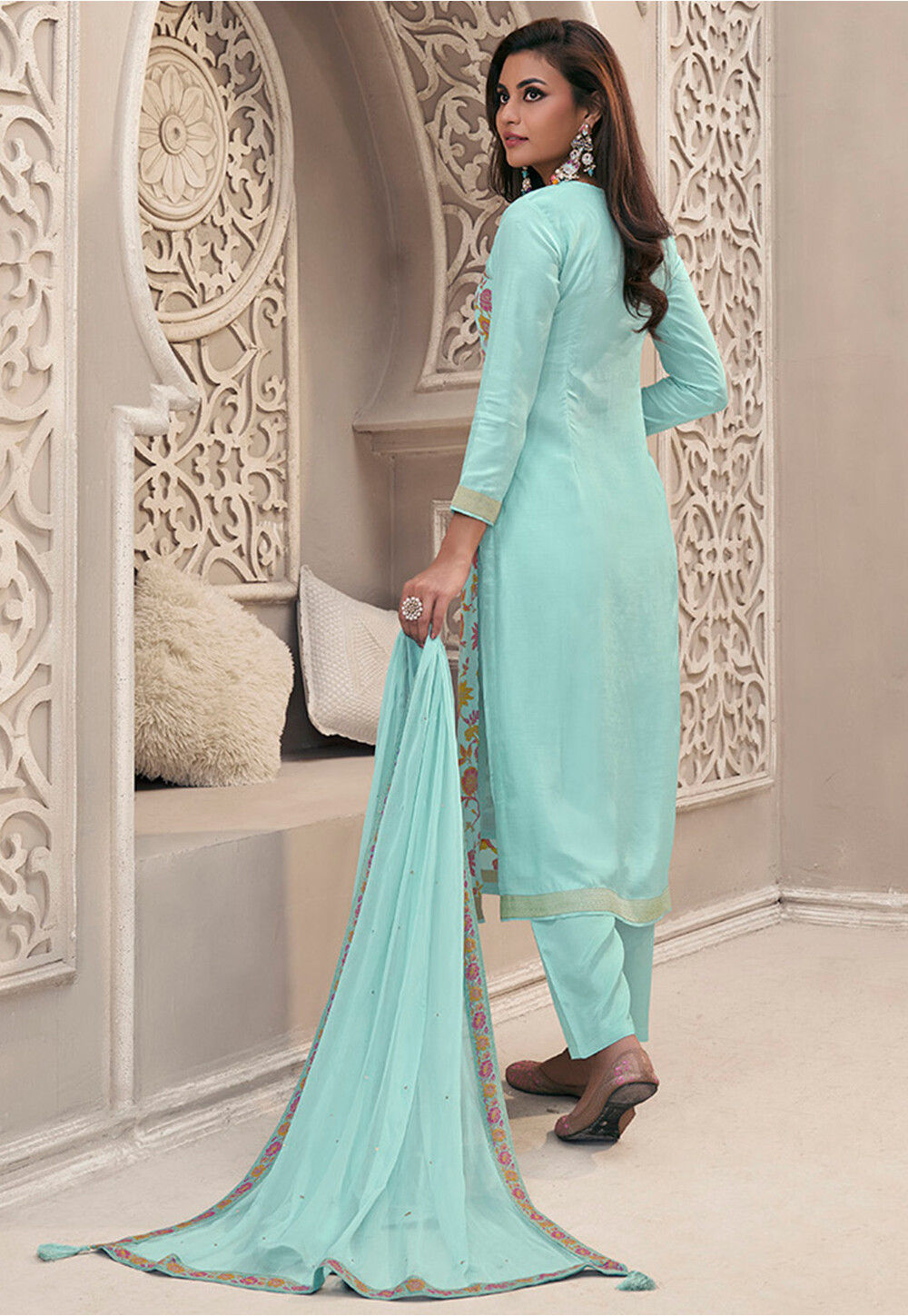 Buy Woven Muslin Cotton Pakistani Suit in Sky Blue Online : KKE207 ...
