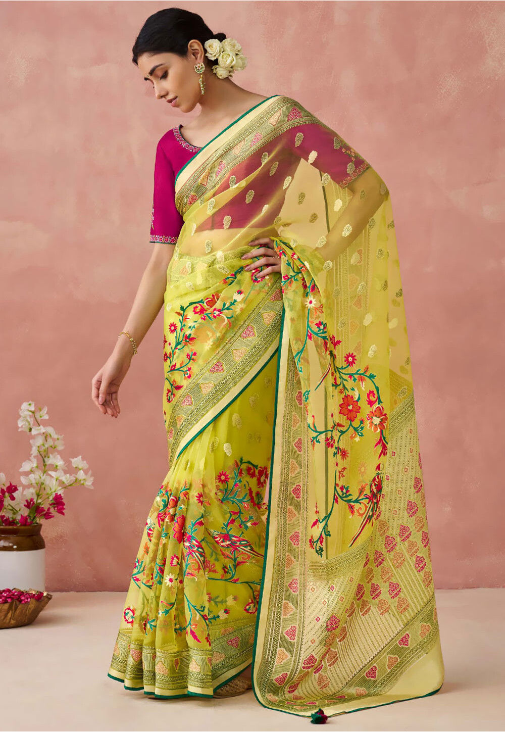 Buy Woven Organza Brasso Saree in Olive Green Online : SKGA2850 - Utsav ...
