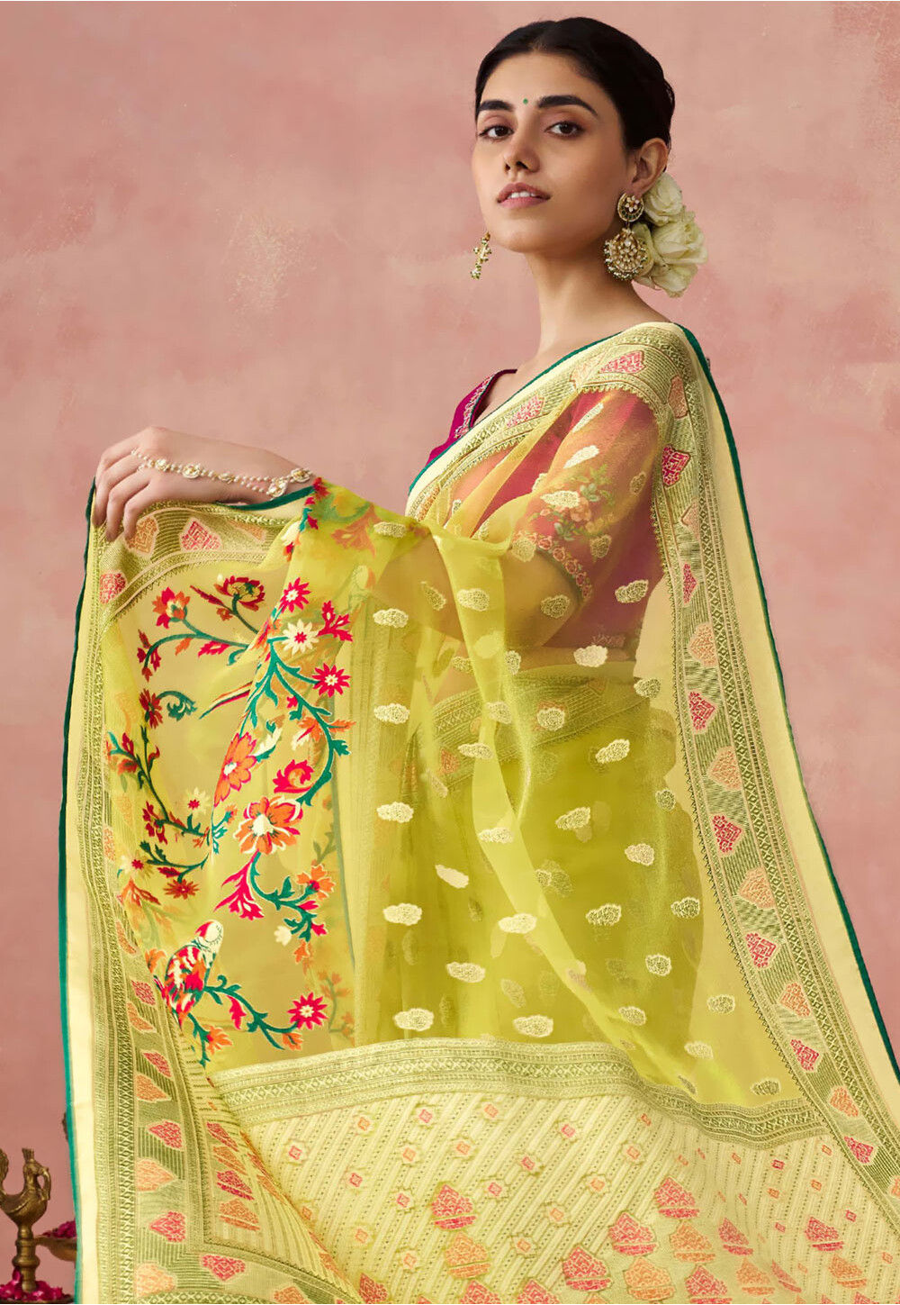 Buy Woven Organza Brasso Saree in Olive Green Online : SKGA2850 - Utsav ...