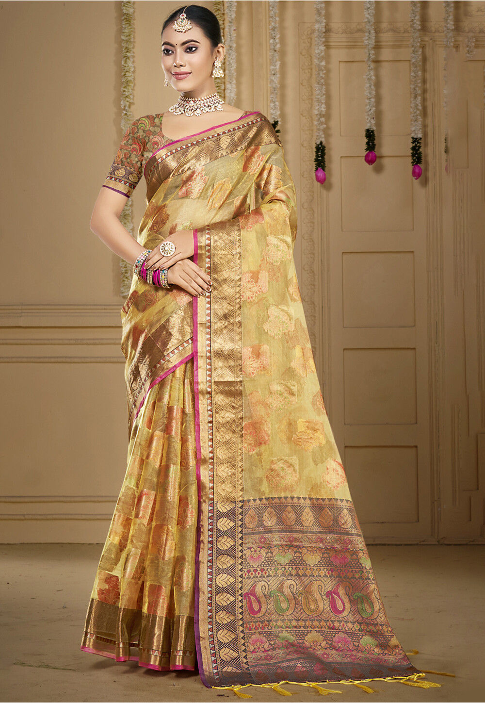 Buy Woven Organza Brasso Saree in Yellow Online : SPTA14830 - Utsav Fashion