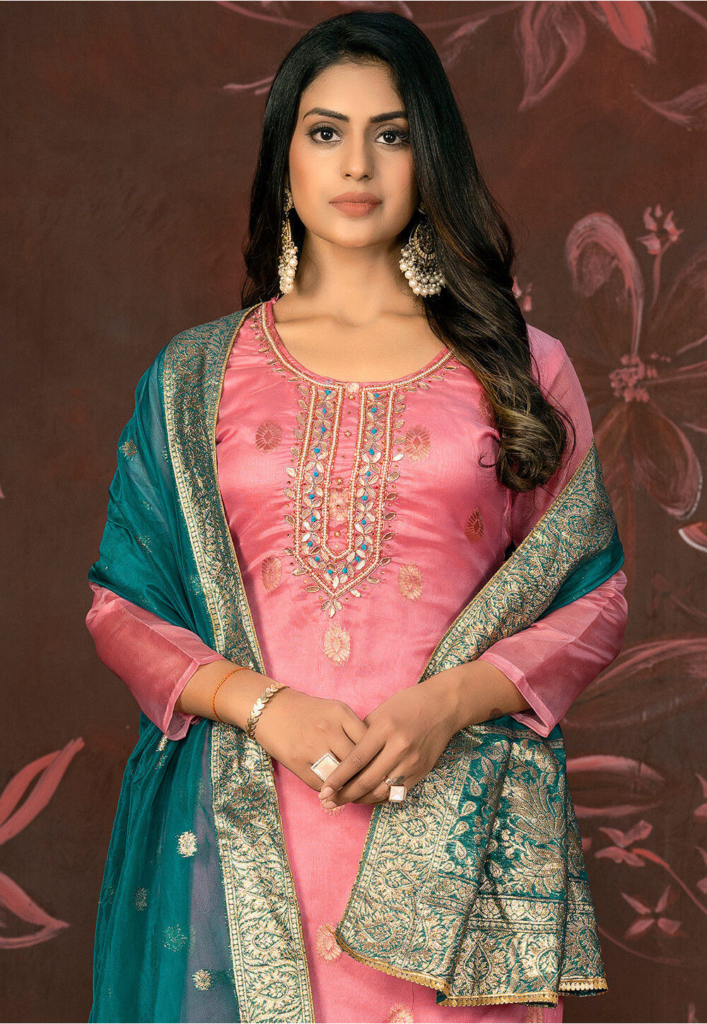 Buy Woven Organza Jacquard Pakistani Suit in Pink Online : KJC3706 ...