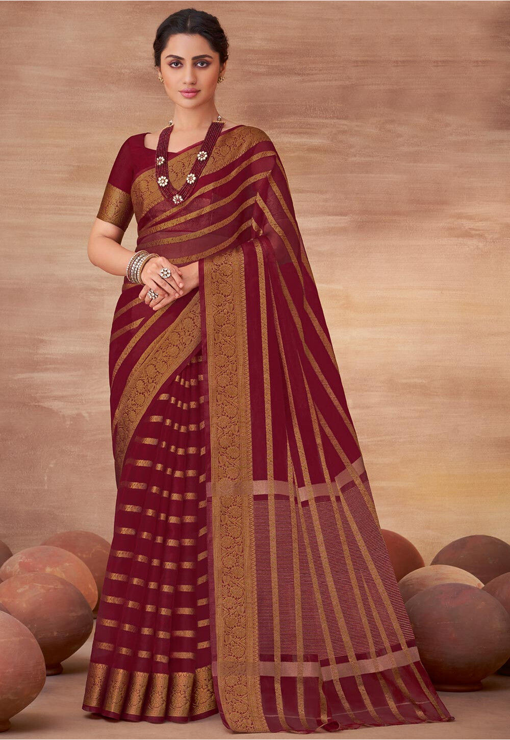 Buy Woven Organza Saree in Maroon Online : SSF20332 - Utsav Fashion
