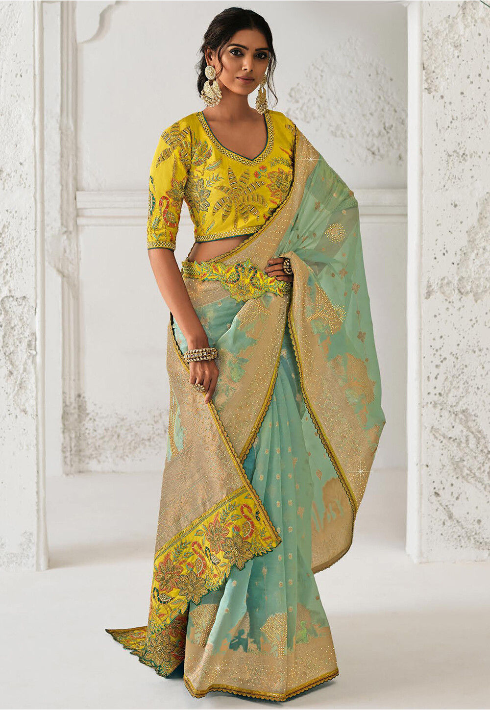 Buy Woven Organza Saree in Sky Blue Online : SEW15799 - Utsav Fashion