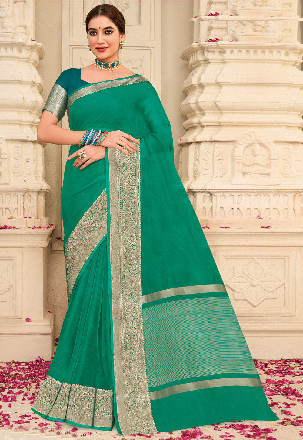 Buy Woven Organza Saree in Teal Green Online : SSF23352 - Utsav Fashion