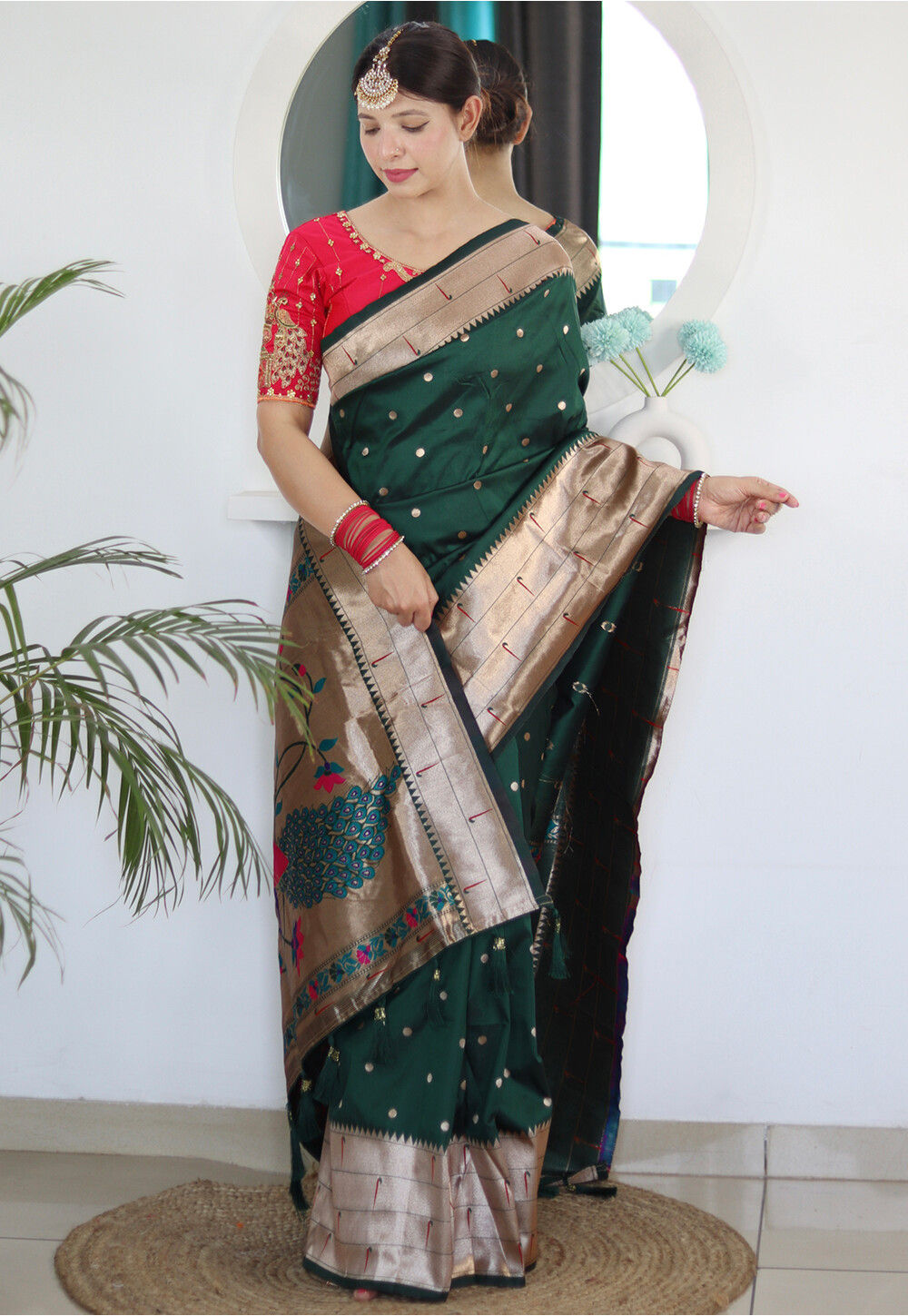 Buy Woven Paithani Silk Saree in Dark Green Online : SPFA14642 - Utsav ...