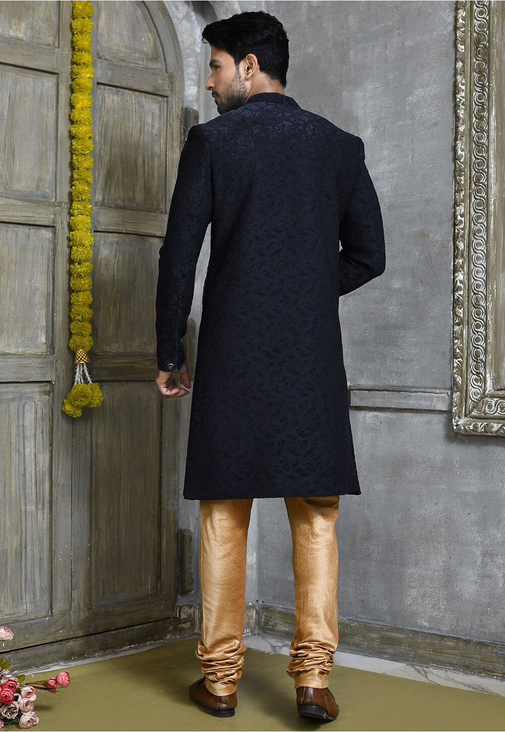Buy Woven Polyester Jacquard Sherwani in Navy Blue Online : MLC2571 ...