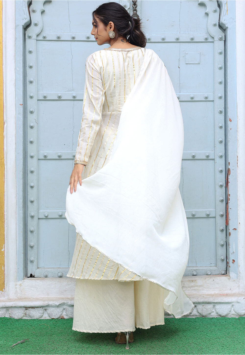 Buy Woven Pure Cotton Angarakha Style Aline Suit in Cream Online ...