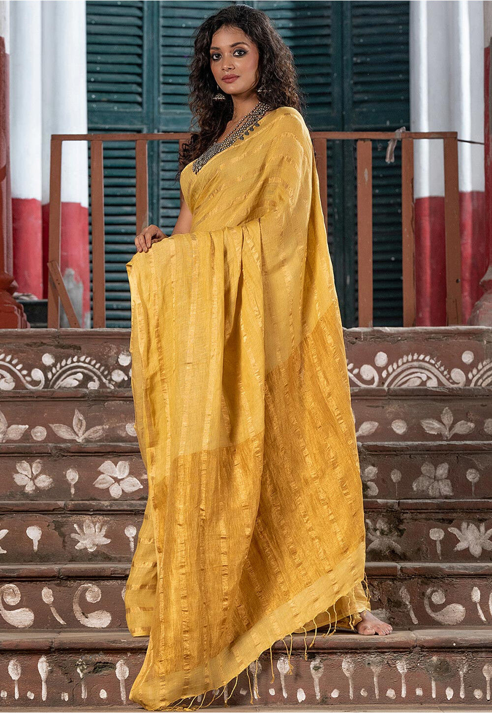 Buy Woven Pure Linen Saree in Light Mustard Online : SBEA2431 - Utsav ...