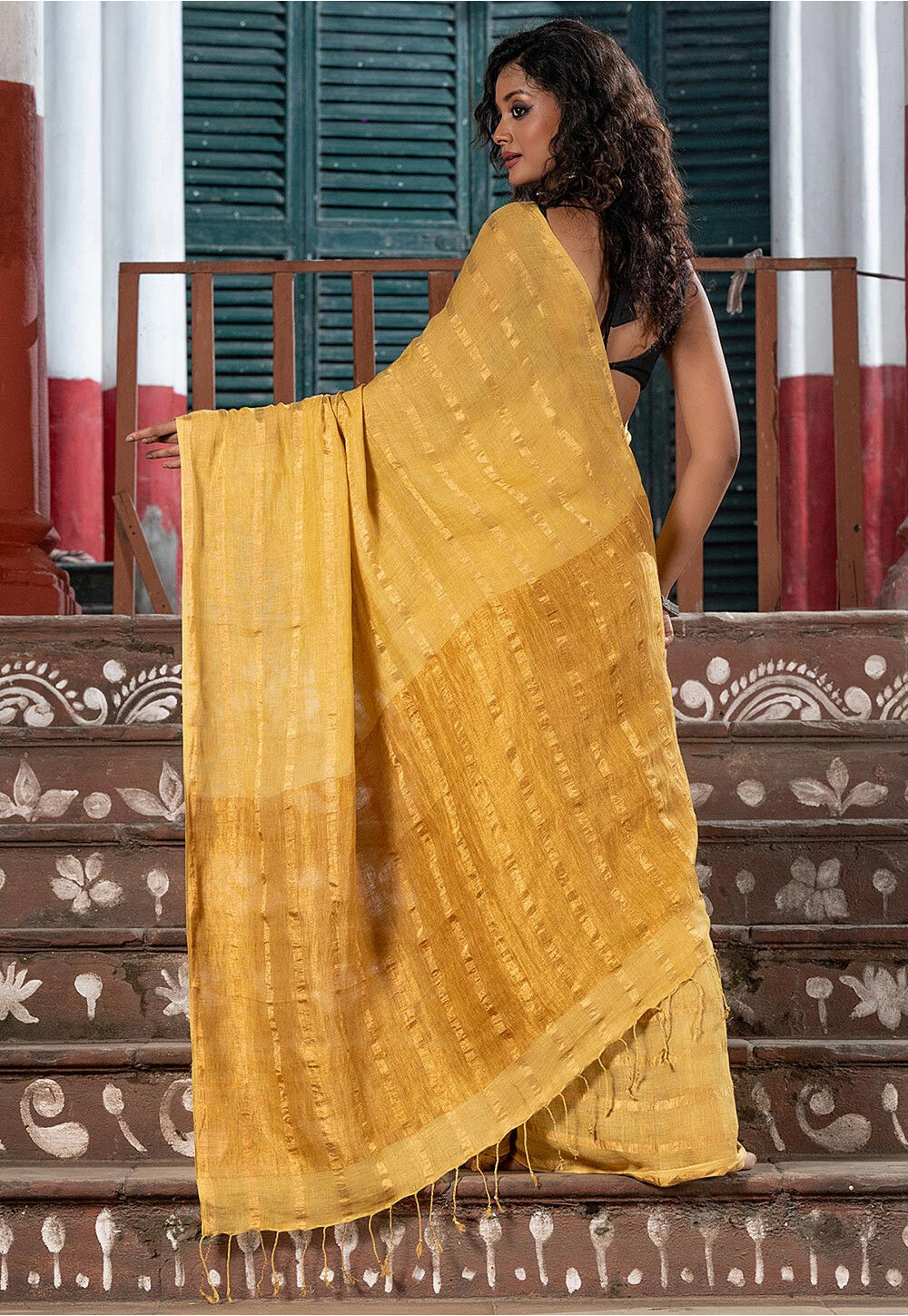 Buy Woven Pure Linen Saree in Light Mustard Online : SBEA2431 - Utsav ...