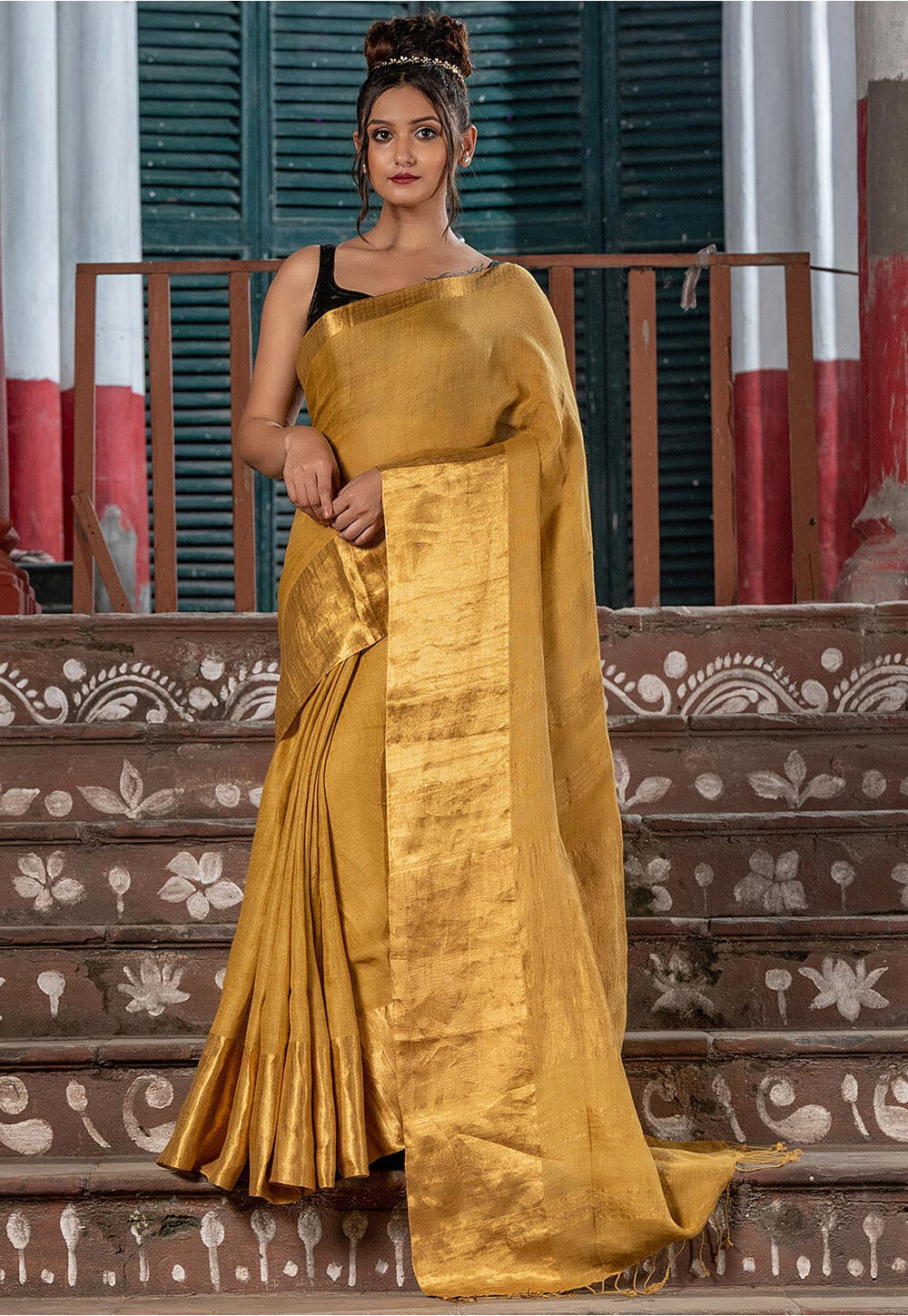 Buy Woven Pure Linen Saree in Mustard Online : SBEA2441 - Utsav Fashion