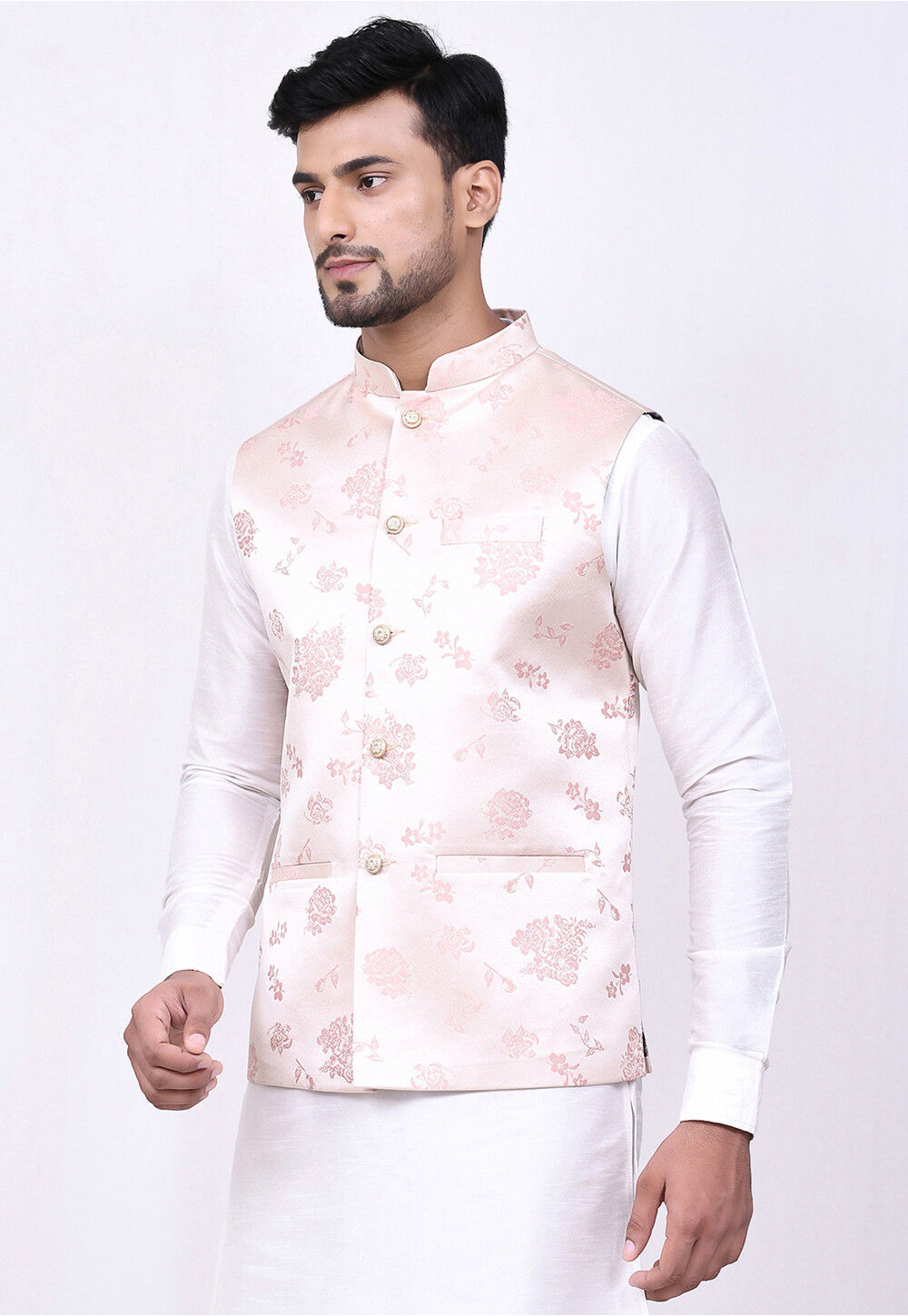 Buy Woven Satin Jacquard Nehru Jacket in Light Pink Online : MTX1848 ...